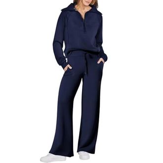 Generic Ensemble 2 pi&egrave;ces pour femme, tenue d&eacute;contract&eacute;e &agrave; revers avec demi-fermeture &eacute;clair et pantalon &agrave; jambes larges, bleu, XXL