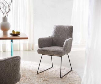 DELIFE Esszimmerstuhl Heira-Flex mit Armlehnen Bouclé Silbergrau Kufengestell Schwarz Taschenfederkern, Esszimmerstühle