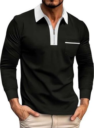 Generic Polo pour homme avec fermeture &eacute;clair 1/4 - L&eacute;ger et respirant - Manches longues - Pour printemps et automne - Confortable, BK2., XXL