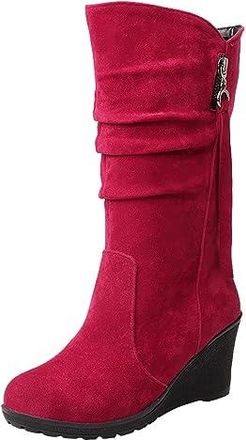 Rismart Femme Souple Botte mi-mollet Talon Compensé Mince Doublé de Fourrure Daim Cuir Chaussures dhiver Rouge,40.5