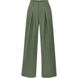 Generic Pantalon large taille haute pour femme, coupe ample, taille élastique, pantalon plissé sur le devant, pantalon palazzo de travail de bureau, vert mili