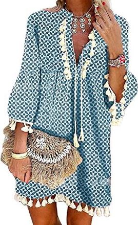 TOMWELL Robe Été Femme de Plage Rétro Robes Col V Lâche Manches Longues Boho A-Line Gland Mini Robe Floral Imprimer Robe De Cocktail A Bleu 3XL