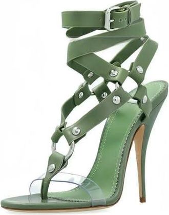 Generic YUJIEBB Sandales &agrave; talons crois&eacute;s avec boucle verte pour femme Bout ouvert Rivets en m&eacute;tal Tongs d&eacute;t&eacute; Sangle de cheville Chaussures Stiletto, Vert, 41