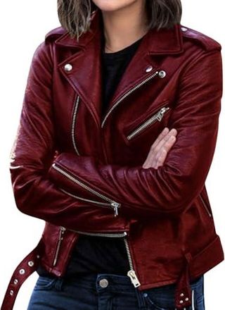 Generic Veste de motard en similicuir pour femme, manteau de moto en similicuir, veste aviateur tendance dautomne, rouge vin, taille XL