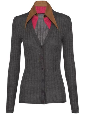 Prada cardigan en soie m&eacute;lang&eacute;e &agrave; col contrastant - Gris
