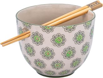 Sass & Belle Gr&uuml;ne Nudelschale mit Essst&auml;bchen, geometrischer Druck, Keramik-Ramensch&uuml;ssel-Set f&uuml;r japanisches Essen, stilvolles Sass und Belle-Geschirr, ideal f&uuml;r