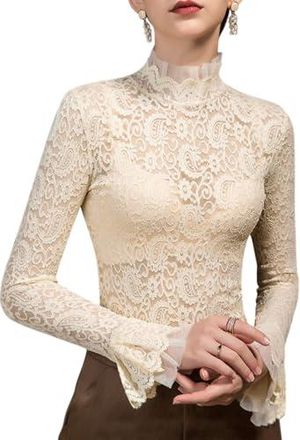 Minetom Femme T-Shirt Manches Longues Dentelle Chemisier Moulant Shirt Transparente Blouse Couleur Unie Hauts Tops D Beige L