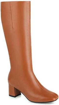 Generic Marron,35 EU,Bottes Hautes pour Femmes, Bout carré, Talons épais, Bottes Hautes, Fermeture éclair latérale, Bottes déquitation, Cuir PU, Robe dautomne