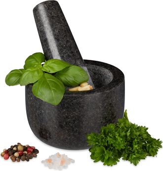 Relaxdays Granit Mörser mit Stößel, robust & langlebig, Gewürze, Kräuter, polierter Steinmörser, Ø 8,5 cm, V 100ml, grau, Anthrazit