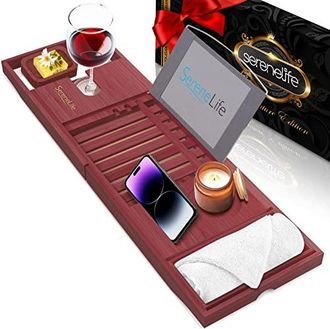 SereneLife Badewannenbrett Bambus - Ausziehbares Tablett mit Halterung Badewannenablage mit rutschfesten Silikon-Griffen Wellness Zubeh&ouml;r und Wellness Tablett f&uuml;