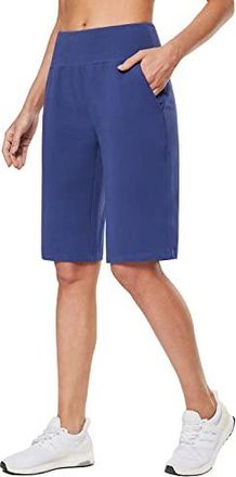 Baleaf Bermuda Long de 30,5 cm pour Femme - Taille Haute - Longueur Genou - en Coton - avec Poches - Décontracté - pour Le Travail et Le Salon, Bleu Marine, 