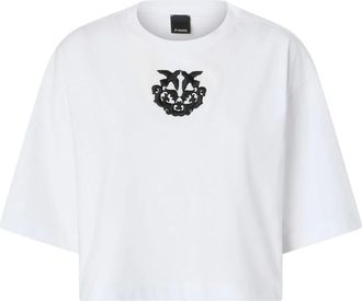 Pinko Pinko, Femme, Tops, Blanc, Taille: 40 FR T-shirt court avec broderie Love Birds