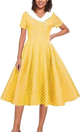 Generic Robe vintage &agrave; pois pour petite femme, robe patineuse style ann&eacute;es 50 Rockabilly avec boutons sur le devant, &eacute;l&eacute;gante robe trap&egrave;ze &agrave; col en V et manch