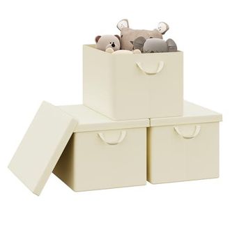 Woltu Boîte de Rangement Pliable, Lot de 3 Paniers de Rangement en Tissu Non-Tissé, avec Poignées et Couvercle, pour Vêtements et Jouets, Crème, 48x36x30cm