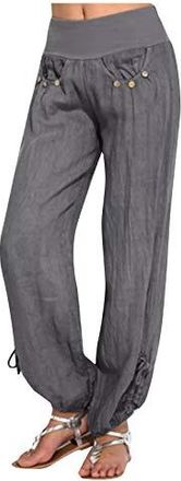 Generic Pantacourt Fluide Femme &Eacute;t&eacute; Pantalon Lin Solid Loose Pants Casual Women Fashion Pantalons Boutons Leg Coton Linge Large et Plus Pantalon De Taille Amp