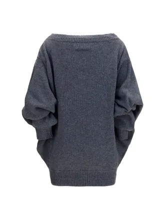 Maison Margiela Womens Wool-Blend Mini Dress With Wide Sleeves Dark Grey Melange Merino Wool Ovis Aries; Nylon