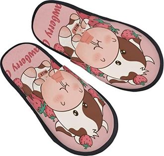 Generic Chaussons Femme Homme Fraises Et Vaches Buvant Du Lait Chaussures DInt&eacute;rieur Peluche Pantoufles En Peluche Confort Maison Pantoufles Pour H&ocirc;tel Ext&eacute;ri