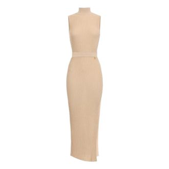 Elisabetta Franchi Geripptes Midikleid aus Viskose-Lurex - - Dresses - Damen - Beige - M