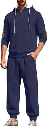 Generic Survêtement athlétique 2 pièces pour homme - Pull à capuche en coton mélangé - Patch au coude - Avec cordon de serrage 1/4 de bouton, bleu marine, XXL