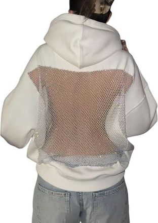 Generic Sweat à capuche en maille creuse pour femme, décontracté, tendance, transparent, manches longues, bandeau avec poche, chemisier en maille pailletée, s