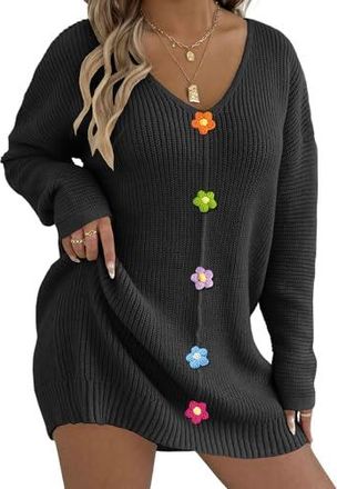 Generic Robe Pull Femme Oversize Tricotée Manches Longues Col V Mini Broderie Fleur Hiver Décontractée