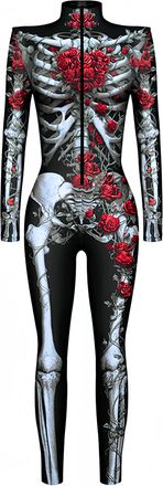 Ocean Plus Damen Halloween Skelett Digitaldruck Overall Schmal Geschnittene Lang&auml;rmlige Einteilige Strumpfhose Jumpsuit (XL, Skelettrose)