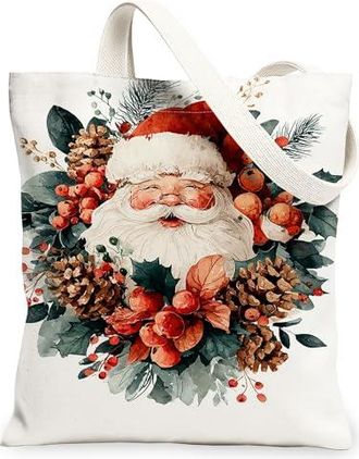 Generic Sacs fourre-tout en toile de vacances, motif P&egrave;re No&euml;l festif, sacs de courses r&eacute;utilisables, sacs de courses vintage de No&euml;l l&eacute;gers et lavables en to