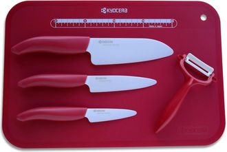 Kyocera Keramikmesser Set- 3 Messer Griff rot + Keramikschäler + Schneidunterlage Fb. rot