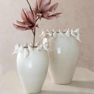 Jolipa Vase aux oiseaux Budgie c&eacute;ramique blanc 40x33x33cm