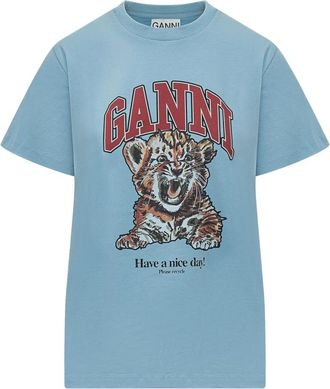 Ganni Femme, Tops, Bleu, Taille: 38 FR T-shirt Tigre en Jersey D&eacute;contract&eacute;