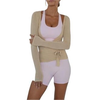 Generic Haut enveloppant &agrave; manches longues pour femme, chemise de yoga, haut de ballet &agrave; manches longues, haut de ballet &agrave; nouer pour danse, marron clair, L