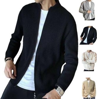 Generic Veste à manches longues côtelée simple et décontractée pour hommes, cardigan zippé pour hommes, pull à fermeture éclair à col montant, Noir, XXL
