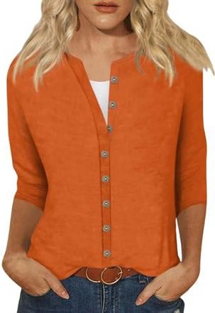 Generic Chemisier uni à manches courtes pour femme - Style décontracté - Couleur unie - Col rond - Manches trois quarts - Haut boutonné - Vêtements pour la vi