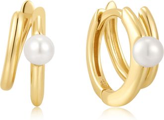 Ania Haie Damen Creolen CHIC CREATOR Parallel Duo Freshwater Pearl Huggies aus 925 Sterling Silber 14k vergoldet, verziert mit 2 Süßwasserperlen, Größe: 13,5 x 