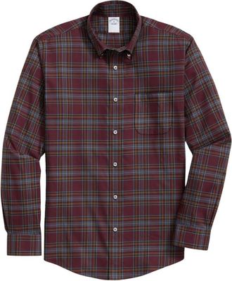 Brooks Brothers Homme, Chemises, Violet, Taille: M Chemise en twill extensible &agrave; carreaux, coupe ajust&eacute;e, sans repassage, avec col boutonn&eacute;