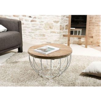 Macabane SIXTINE - Table basse plateau 60x60cm bois teck recyclé métal blanc