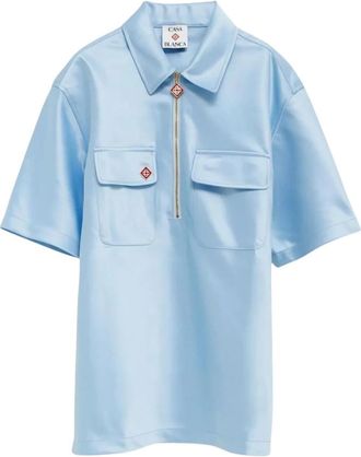 Casablanca Homme, Tops, Bleu, Taille: S Satin Quarter Zip Short Sleeve Shirt