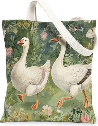 Generic Sac fourre-tout en toile motif oie printani&egrave;re pour le shopping, 33 x 38 cm, sac d&eacute;picerie r&eacute;utilisable pour femme, peinture danimaux, d&eacute;coration cade