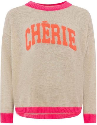 Zwillingsherz Strickpullover Cherie Rundhals, farbig abgesetzte Kanten, Schriftzug, One Size