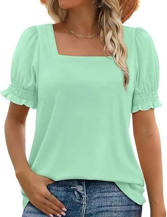 Generic T-shirt d&eacute;contract&eacute; &agrave; col carr&eacute; et manches smock&eacute;es pour femme - Haut &agrave; volants - Manches bouffantes - V&ecirc;tements tendance, vert clair, XXL