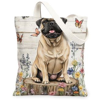 Generic Spring Bullmastiffs Sac fourre-tout en toile pour le shopping 33 x 38 cm, motif souche de bois floral, sac d&eacute;picerie r&eacute;utilisable pour femme, peinture