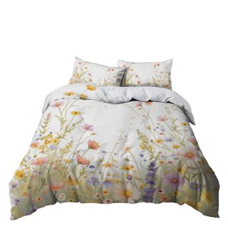 Generic Bettw&auml;sche 135x200 cm, Bunt Deckenbezug 3 Teilig Microfaser Bettbezug Set Pflanze Blume Aquarell Blume Feld Muster Extrem Haltbar bettw&auml;sche + 2 Kisse