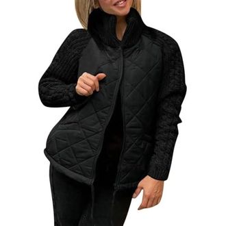 Generic Veste bouffante en tricot patchwork pour femme - Fermeture &eacute;clair - Manches longues - Chaud - Col matelass&eacute;, Noir, 3XL