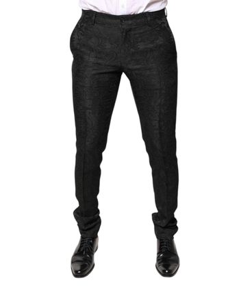 Dolce & Gabbana Mens Black Floral Jacquard Mid Waist Dress Pants Acetate Polyester Nylon