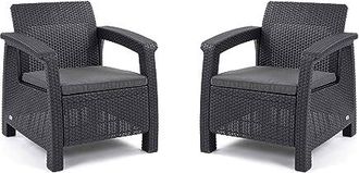 Keter Allibert by Keter Corfu 2er Set Gartensessel aus Kunststoff, inkl. Outdoor Kissen, für Garten und Balkon, graphit / hell grau, 75 x 70 x 79cm pro Stuh