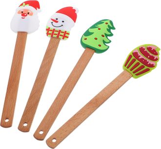 Cabilock 4er Set Silikon Teigschaber Weihnachten mit Holzgriff - Motiv Teigspachtel Weihnachtsmann & Schneemann, Kleiner Backspatel f&uuml;r Kinder, Weihnachtsbacke