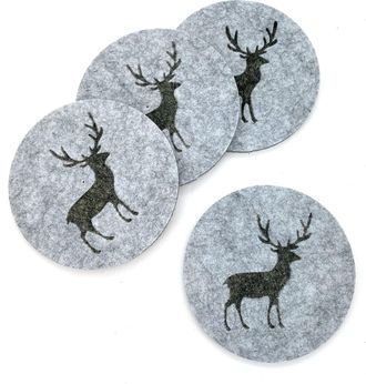 Heimtexland Tischdeko Filz Glasuntersetzer abwaschbar Landhaus Tischdekoration Gläser Untersetzer rund 10 cm Typ847 Hellgrau - Hirsch 4er Pack