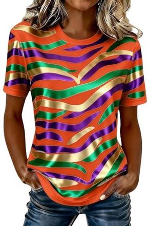 Generic T-shirt d&eacute;contract&eacute; &agrave; manches courtes et col rond pour femme - Imprim&eacute; abstrait &agrave; rayures color&eacute;es - T-shirt d&eacute;t&eacute; doux et extensible pour le travail, 