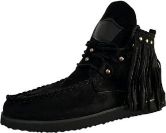 Generic Bottines à franges pour femme - Style vintage - Chaussures de cowboy courtes en daim - À lacets - Bout rond - Chaussures de plage à enfiler, Noir, 40.