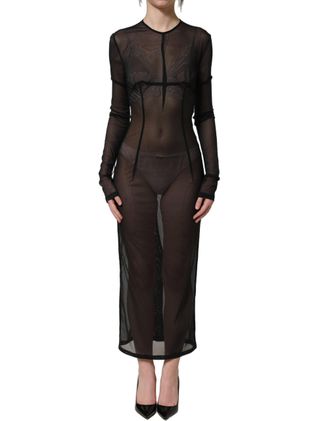 Dolce & Gabbana Womens Black Long Sleeve Sheer Fitted Maxi Dress Nylon Elastane
